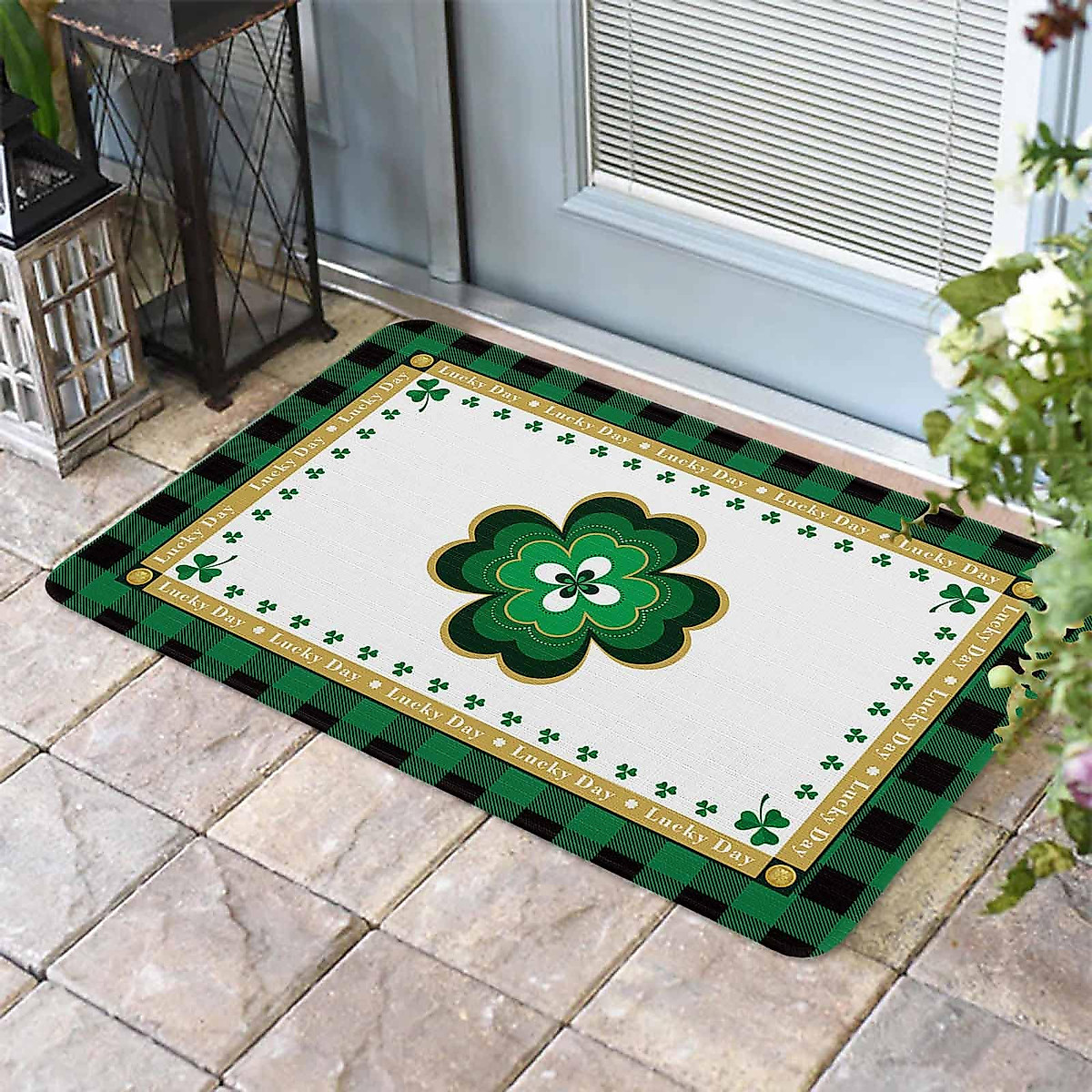 St. Patrick's Lucky Day Clovers Shamrock Doormat Rugs Outdoor/Indoor Green Green Buffalo Check Plaids Non-Slip Entrance Welcome Mat for Front Door/Bathroom/Kitchen/Bedroom/Patio/Entryway,18"x30",