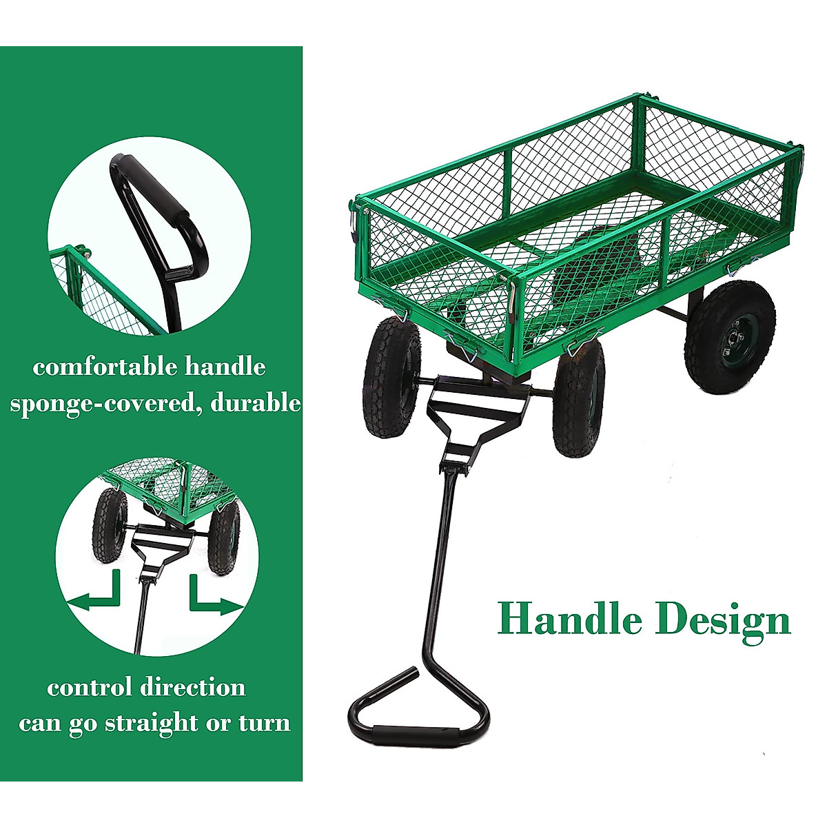 Hudada Garden Cart Heavy Duty Steel Utility Cart Yard Dump Wagon Cart Lawn Outdoor Utility Cart with Removable Sides and 10 Inch Wheels, Green