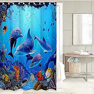 TDCQQGQQ Tropical Ocean Shower Curtain Sets, Sharks and Dolphins Waterproof Windproof Washable Shower Curtain and Rug Set for Bathroom, Toilet Lid Cover and Bath Mat with 12 Hooks.