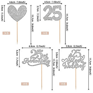 25 PCS 25th Anniversary Cupcake Toppers with 25 Silver Wedding Cake Topper Glitter Heart 25th Wedding Anniversary Cupcake Picks for Happy 25th Wedding Anniversary Party Cake Decorations Supplies