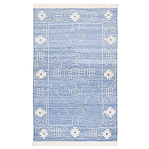 SAFAVIEH Kilim Collection Area Rug - 5' x 8', Blue & Ivory, Flat Weave Rustic Boho Tribal Design, Non-Shedding & Easy Care, Ideal for High Traffic Areas in Living Room, Bedroom (KLM763M)