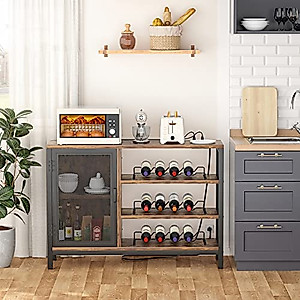 Homieasy Wine Bar Cabinet with Power Outlets, Industrial Coffee Bar Cabinet for Liquor and Glasses, Farmhouse Bar Cabinet with Removable Wine Racks, Rustic Brown