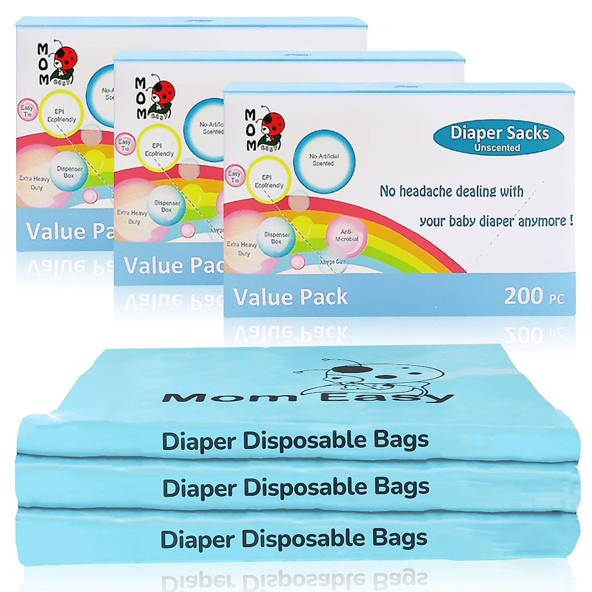 MOM EASY 600 Count Disposable Diaper Bags, 8 x 15 Inch, Unscented, Double Seamed, With Tie Handles, For Baby Waste
