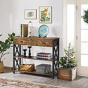 Yaheetech Industrial Console Table with Drawer, Sofa Table Narrow Console Table for Entryway/Living Room, Entry Hallway Table with 2 Tier Open Storage, Rustic Brown