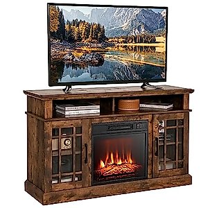COSTWAY Electric Fireplace TV Stand for TVs Up to 55 Inches, 18-Inch Fireplace Insert with Remote, Overheat Protection, 48-Inch Wooden Media Entertainment Center with Adjustable Shelves, Brown
