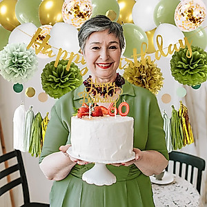 Sage Green Birthday Decorations Neutral Birthday Party Decor with Happy Birthday Banner Sage Paper Tassels Garland Circle Dots Garland Olive Green Gold Paper Pom Poms Balloons for Girls Women