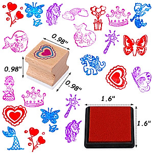 HOWAF 16pcs Wooden Stamps for Kids Girls Crafts with Ink Pad 4pcs, Unicorn Mermaid Princess Heart Rainbow Butterfly Stamps for Girls DIY Scrapbook Card Making, Party Bag Fillers Favor for Girls Gift