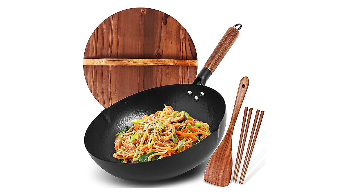 BrBrGo 13" Carbon Steel Wok Pan Set - Stir-Fry Perfected