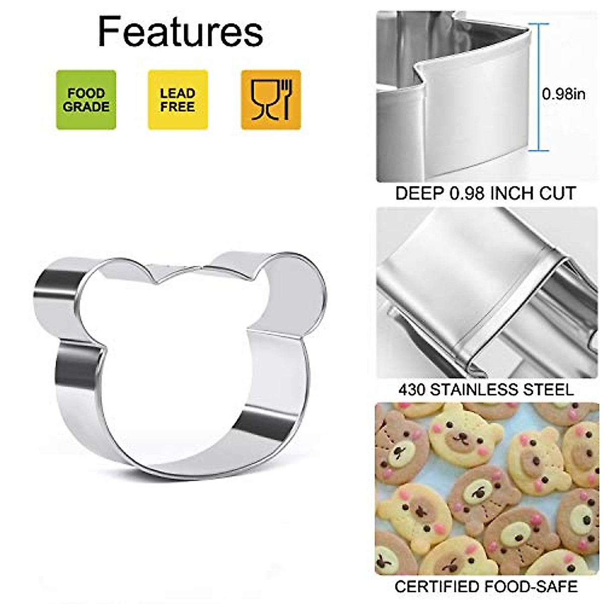 Crethinkaty Teddy Bear Cookie Cutter Set - 3 Pieces Bear Face and Teddy Bears Stainless Steel Biscuit Cutters Fondant Cake Decoration for Baking