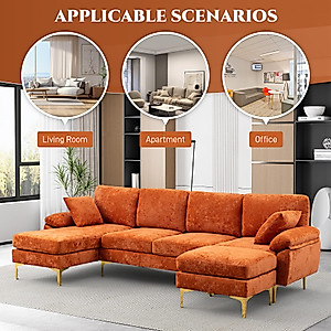 ONEMMLION U-Shaped Sectional Sofa Couch, 4 Seat Velvet Sofa Set for Living Room, Convertible L-Shaped Couch Set with Chaise Lounge, Pillows and Ottoman,114 inches (Orange)