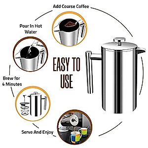 Utopia Kitchen - 304 Grade Stainless Steel French Press Coffee Maker 34oz (1 Litre) with 4 Level Filtration System - Double Wall Insulated Coffee Press with 2 Extra Filters - Silver