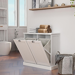 RASOO Double Tilt Out Trash Cabinet White Free Standing Laundry Sorter Cabinet with Removable Two-Compartment Tilt-Out Hamper Clothes Basket
