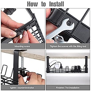 3 Pcs Under Desk Cable Management Tray with 5 Pcs Hook and Loop Strips 3 Sizes Desk Cable Organizer No Drill Wire Management Desk Metal Cord Organizer Black Cable Rack Cable Basket for Office and Home