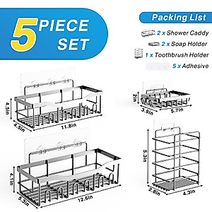 EUDELE Adhesive Shower Caddy, 5 Pack Stainless Steel Bath Organizers With No Drilling, Large Capacity Rustproof Shelves for Bathroom Storage & Home Decor