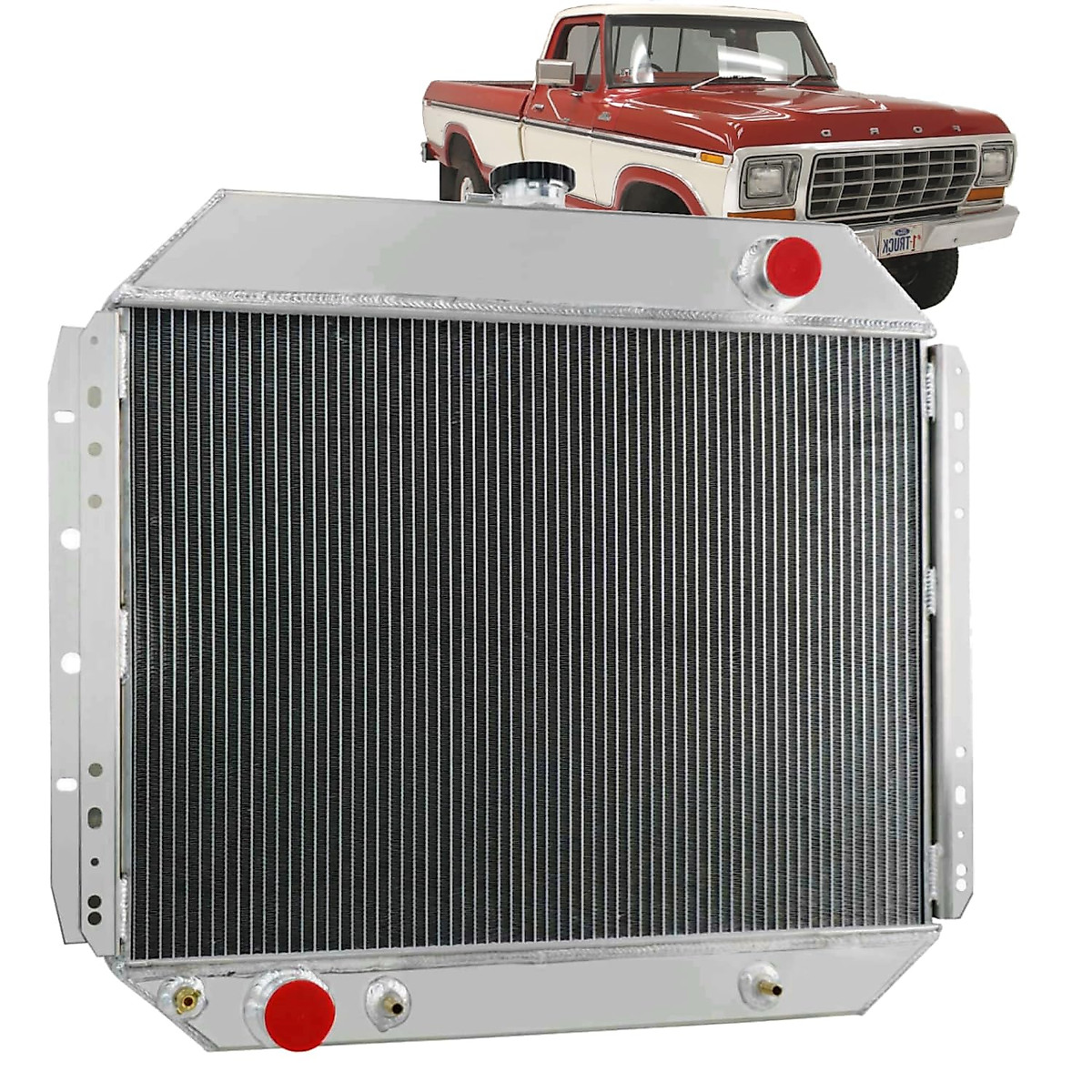 ReadyCool 4 Row Core Aluminum Radiator for 1966-1979 Ford F100 F150 F250 F350 Bronco Trucks Pickup V8 Chevy Engine, 66 67 68 69 70 71 72 73 74 75 76 77 78 79 Downflow Radiators