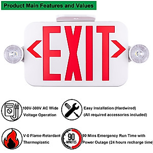 LIT-PaTH LED Combo EXIT Sign with 2 Adjustable Head Lights and Back Up Batteries- US Standard Red Letter Emergency Exit Lighting, UL 924 and CEC Qualified, 120-277 Voltage, 4-Pack