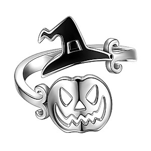 beautlace Halloween Pumpkin Adjustable Rings and Wizard Witche's Hat Ring Silver Plated Halloween Ghost Witch Broom Ring Open Finger Ring Party Jewelry KR0065W
