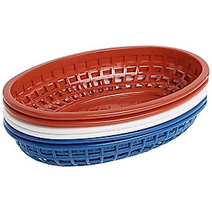 Tablecraft H1074RWB 6 Piece Classic Oval Plastic Baskets, Red/White and Blue