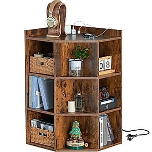 Jolydale Corner Cabinet，Storage Cabinet with USB Ports，Wooden Corner Bookshelf，Wooden Corner Cabinet with 9 Storage Boxes，Suitable for Living Room, Office, Bedroom,Brown