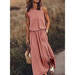 Dokotoo Womens 2024 Spring Summer Beach Dresses Casual Long Dress Maxi Dresses Sleeveless Hem Split Sun Dress with Pockets Pink X-Large