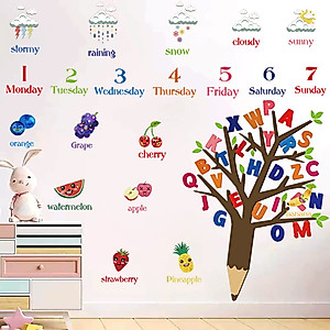 Tree Alphabet Number Color Weather Learning Educational Wall Decals ABC Kids Wall Sticker Peel and Stick Removable Wall Stickers Educational Classroom Stickers for Kids Boy Girl Classroom Playroom