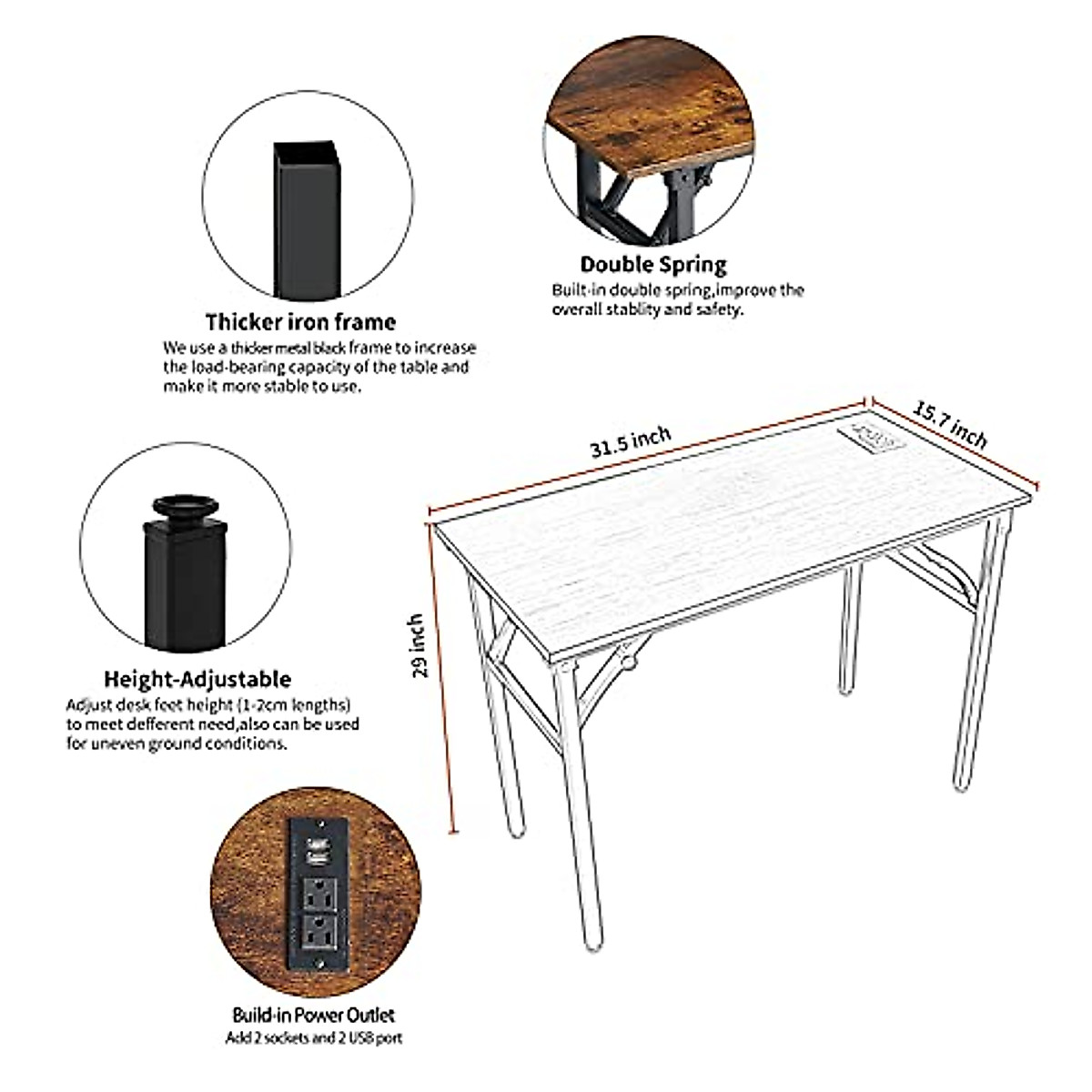 TEMI 31.5'' Computer Desk with Power Outlet, Home Office Writing Desk, Study Table Workstation, Stable Metal Frame, Rustic Brown