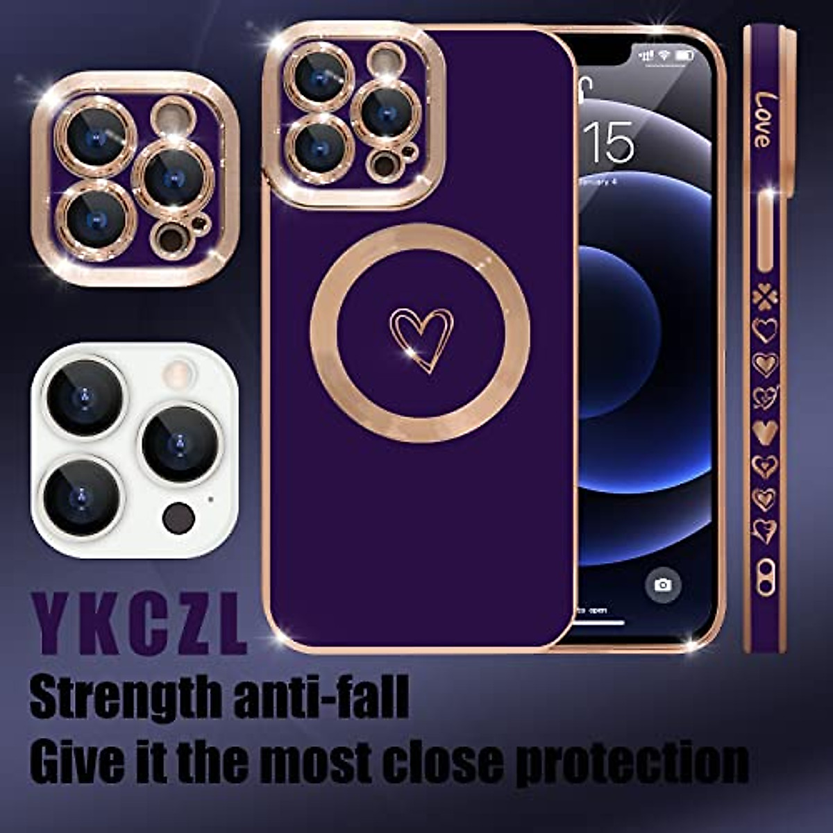 YKCZL Compatible with iPhone 13 Pro Max Case MagSafe, Luxury Plating Cute Heart Full Camera Lens Protection Magnetic Case for iPhone 13 Pro Max for Women Girls-Deep Purple