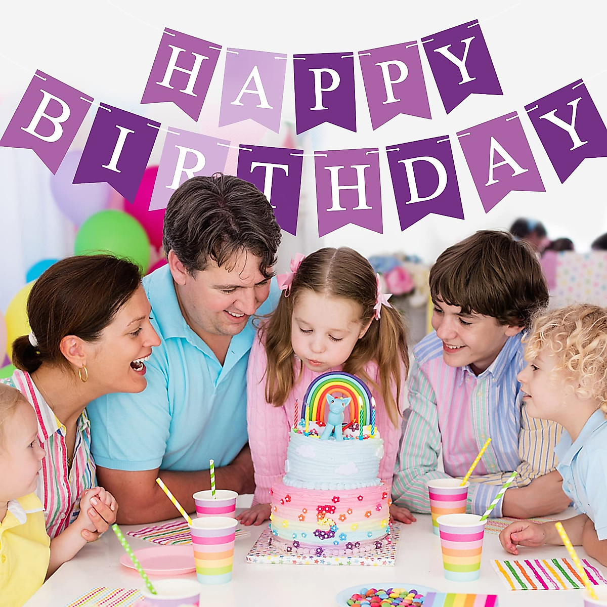 Waenerec Purple Happy Birthday Banner Sign Happy Birthday Bunting Banner Garland for Kids Girl Woman Birthday Tea Party Decorations Bunting Flag Birthday Party Supplies