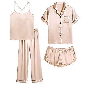 SWOMOG Womens 4pcs Pajamas Sets Silk Satin Pjs Silky Sexy Cami Shorts Set Button Down Short Sleeve Sleepwear Loungewear, Champagne Medium