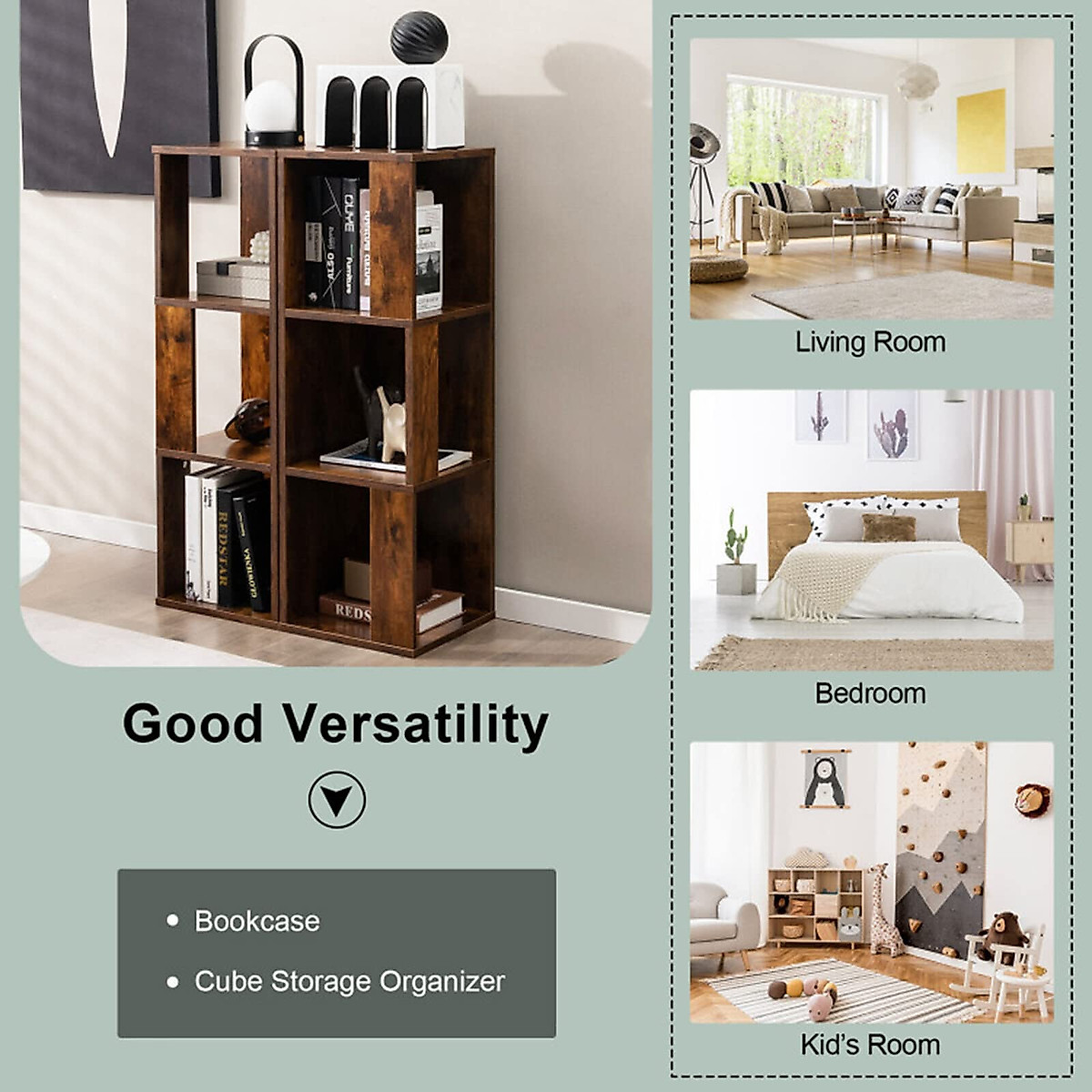 Wooden 6 Cube Book Shelf, Natural 3 Tier Bookshelf with Legs, Modern Open Storage Organizer,Boho Bookcase,Display Cabinet Shelf Free Standing Bookshelves for Bedroom,Living Room,Office (Rustic Brown)