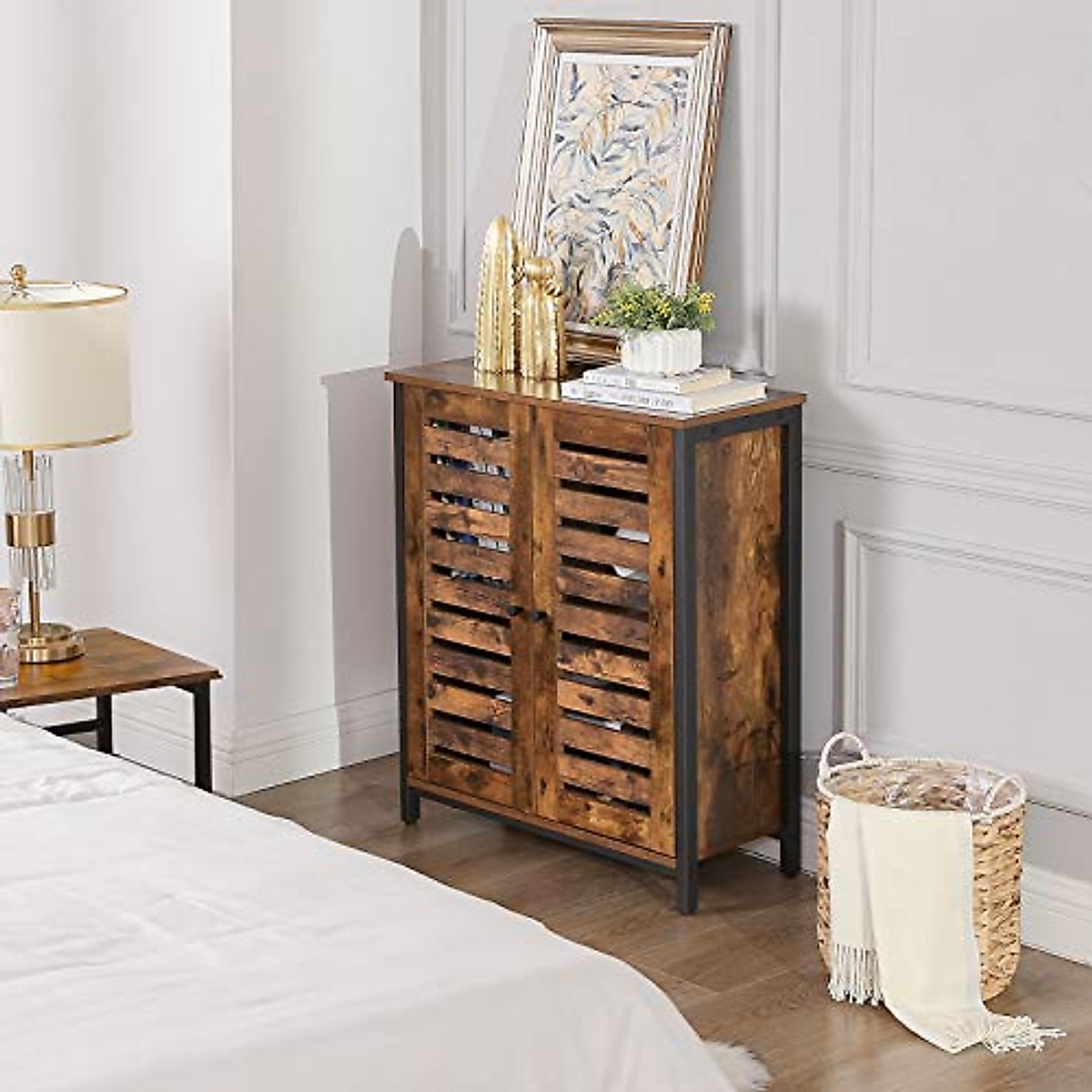VASAGLE LOWELL Standing Cabinet, Storage Cabinet, Cupboard, Accent Side Cabinet, Sideboard with Louvered Doors, Multifunctional in Living Room, Bedroom, Hallway, Industrial, Rustic Brown ULSC78BX