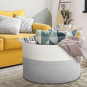 MXMHOME Large Woven Rope Basket With Handles Basket for Blankets for Living Room Large Baby Cat Dog Toy Storage Basket Wicker Woven Big Round Laundry Basket Hamper (23.6”x14.1”), XXXL, Grey