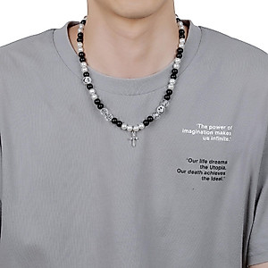 FLYEMMET Gothic Cross Charm Pendant Necklaces Y2k Fashion Black Beads Pearls Chain Choker Necklace for Women Men Jewelry Gifts (Smiley Face Beads)