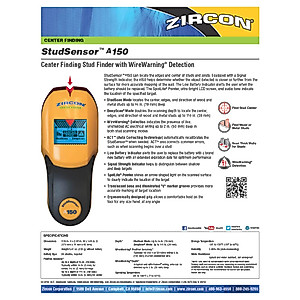 Zircon StudSensor A150 Wall Scanner and Center/Edge Locating Stud Finder with WireWarning Detection and Signal Strength Indicator, Center Finding