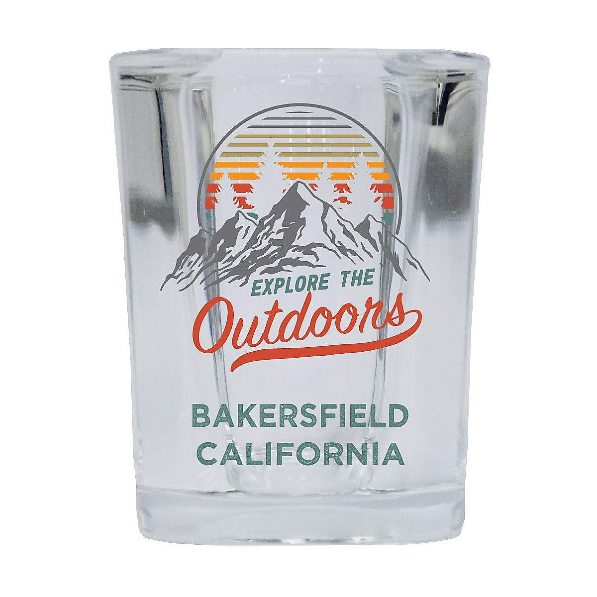 R and R Imports Bakersfield California Explore the Outdoors Souvenir 2 Ounce Square Base Liquor Shot Glass