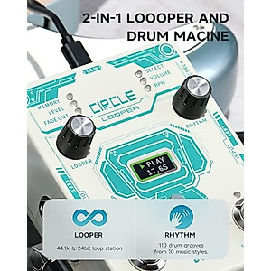 Donner Circle Looper Pedal Drum Machine, 2 in 1 Drum Looper Stereo Guitar Loop Pedals, 40 Slots 160 mins Loop with 110 Drum Grooves, Tap Tempo, Fade Out