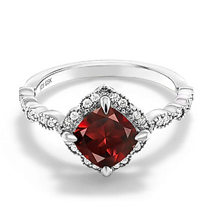 Gem Stone King 925 Sterling Silver Red Garnet and Moissanite Solitaire Ring For Women (2.19 Cttw, Cushion Cut 7MM, Gemstone, Available in Size 5, 6, 7, 8, 9)