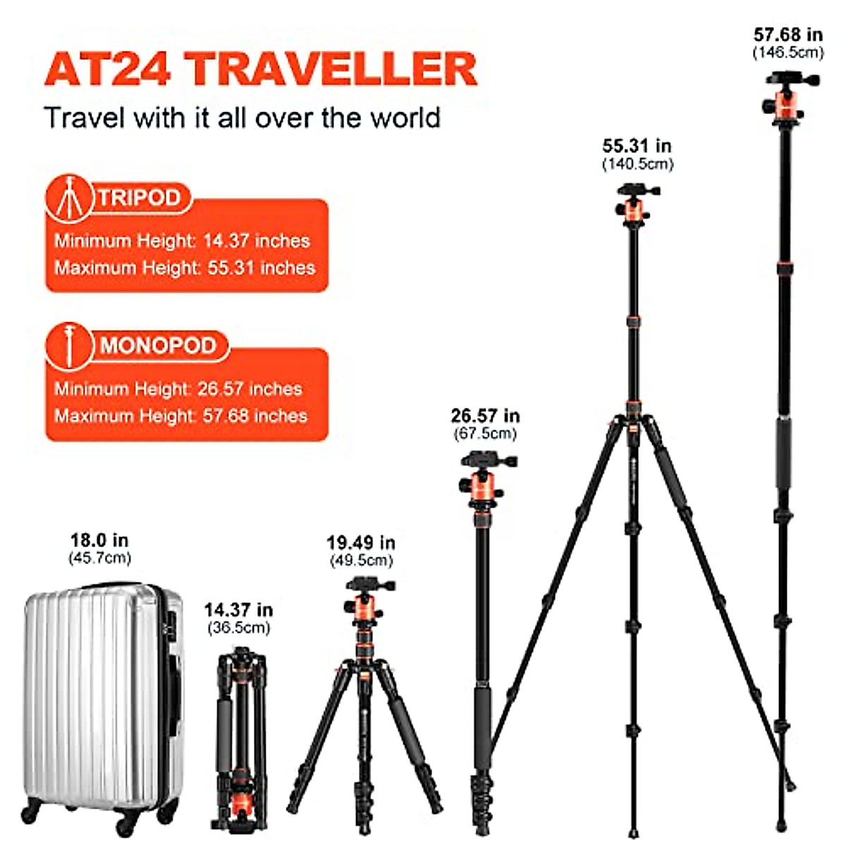 GEEKOTO 58” DSLR Tripod, Compact Aluminum Alloy Lightweight Camera Tripod with 360 Degree Panorama Ball Head, Professional Camera Tripod for Travelling, Learning and Working