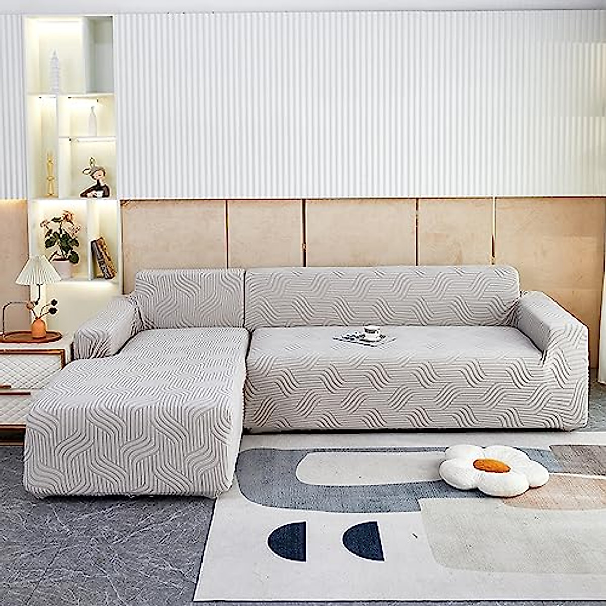 GUYIRT Jacquard Pattern Sectional Couch Cover, Solid Color Washable L Shape Sofa Covers, 2 Pieces Couch Slip Cover for Kids Pet Cat-Blue-2 Seater+4 Seater