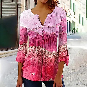 Womens Fashion 3/4 Length Bell Sleeve Tops Pleated Button Vneck Flowy T-Shirts Casual Dressy Blouses Hide Belly Tunic