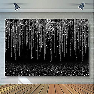 Avezano Black and Silver Glitter Sparkle Backdrop for Adult Kids Bday Party Decorations Photography Background Silver Black Bokeh Dots Wedding Birthday Party Decoration Photoshoot Backdrops (7x5ft)