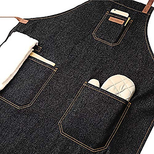 DingSay Trendy Denim Chef Apron with Pockets, Mens Womens Professional Kitchen Bib Black Apron for Cooking Grill BBQ Server, with Towel Loop and Adjustable Neck Straps