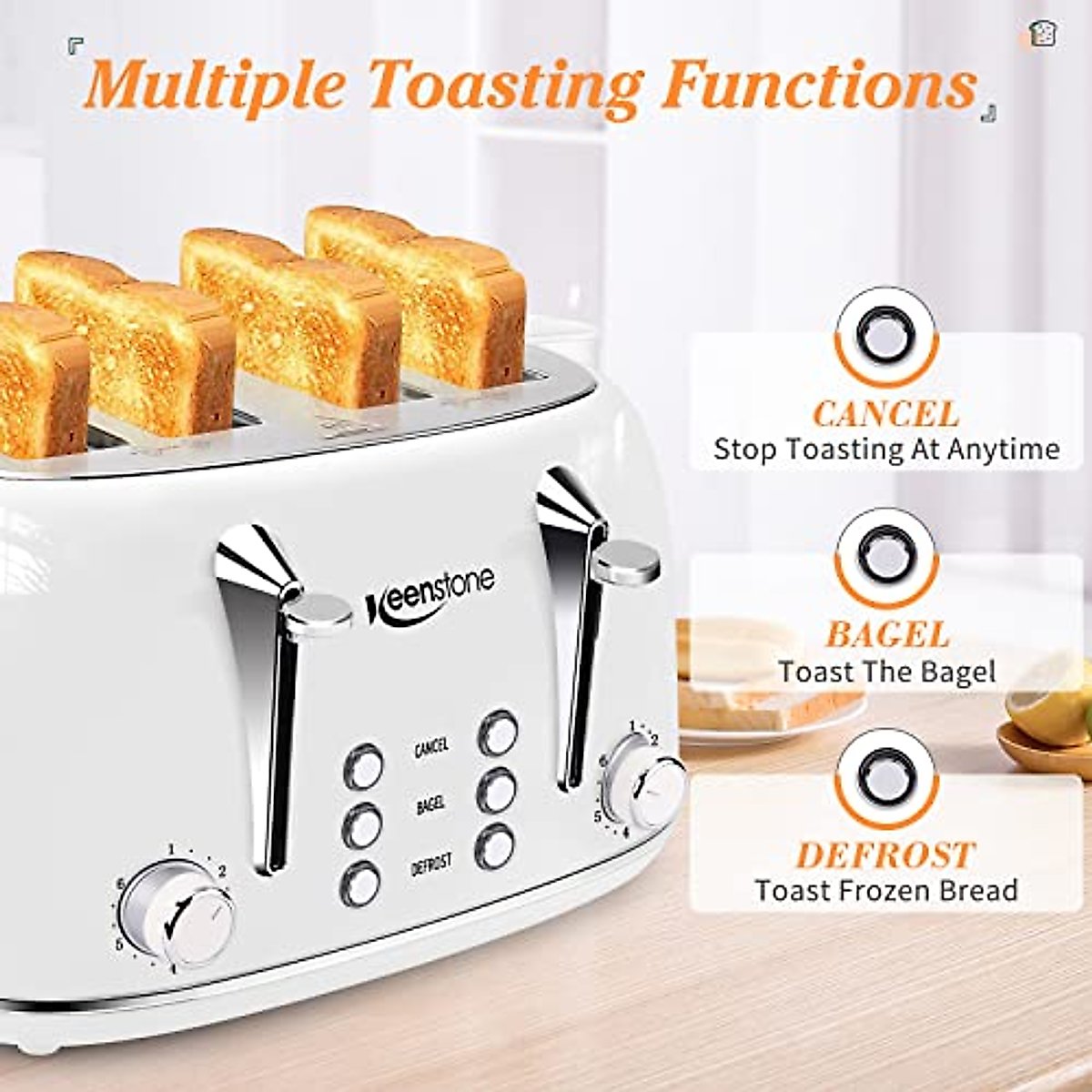 Toaster 4 Slice Stainless Steel Toaster with Bagel, Cancel, Defrost Function, Keenstone 4 Slice Toaster with Removable Crumb Tray, 4 Extra Wide Slots, 6 Shade Settings, White