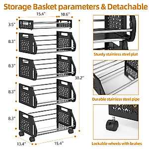 Rolling Storage Cart with Wheels, COORACK Kitchen Storage Carts Utility Cart with Handle, Fruit Vegatable Storage Cart Rack Bin for Kitchen Bathroom (5 Tier)