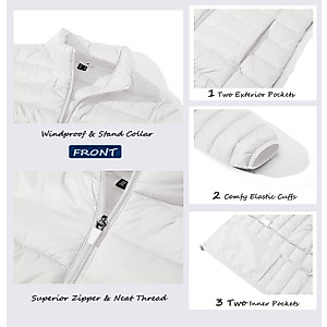 MAGCOMSEN Women's Puffer Jacket Ultra-lightweight Quilted 4 Pockets Full Zip Stand Collar Jackets Winter Warm Coat, White S
