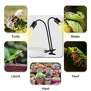 TFNN Reptile Heat Lamp, Double-Head Heat Lamp with Clamp, UVA UVB Reptile Light with Intelligent Cycle Timer for Turtle, Bearded Dragon, Lizard and More, 2 Bulbs 50W+75W