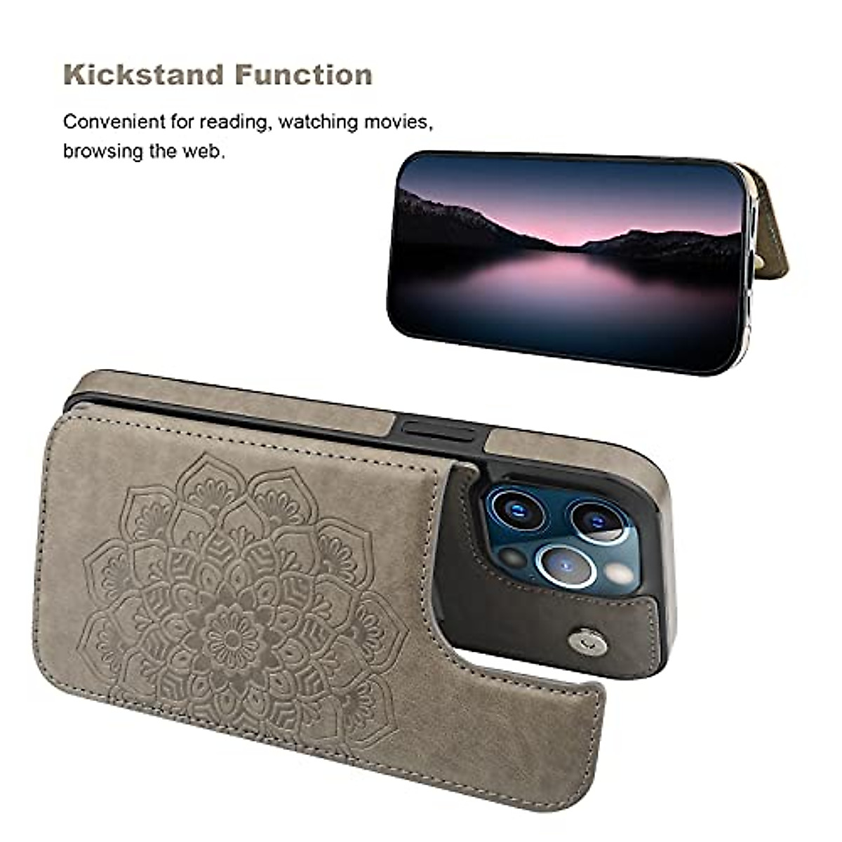 Vaburs Compatible with iPhone 13 Pro Max Case Wallet with Card Holder, Embossed Mandala Pattern Flower PU Leather Double Buttons Flip Shockproof Cover for Magnetic Car Mount 6.7 Inch (Gray)