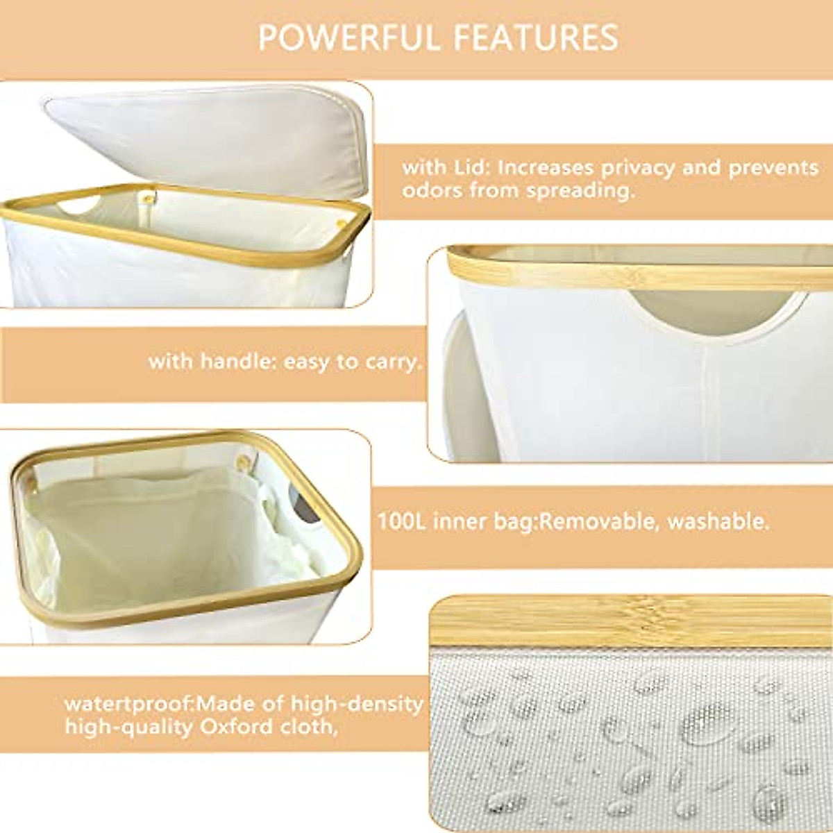 Large Laundry Basket with Lid, Beige 100 L Laundry Hamper with Bamboo Handles, Portable Clothes Hamper for Bathroom, Bedroom, Toy Room, Freestanding Collapsible Laundry Baskets