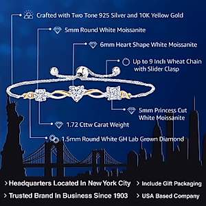 Gem Stone King 925 Silver and 10K Yellow Gold Princess Round and Heart White Moissanite and White Lab Grown Diamond Tennis Bracelet For Women By Keren Hanan (1.72 Cttw, Fully Adjustable Up to 9 Inch)