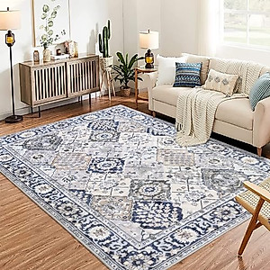GAOMON Vintage Floral Area Rug, 9x12 Non-Slip Stain Resistant Washable Indoor Print Carpet for Living Room Kitchen Entryway Bathroom Bedroom Office, Beige Blue